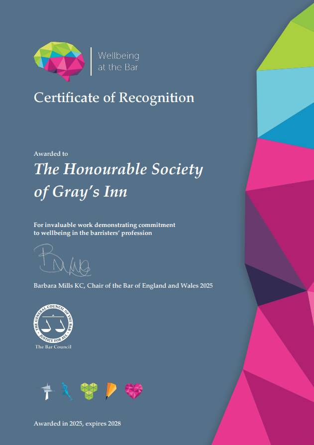 Wellbeing at the Bar: Certificate of Recognition - graysinn.org.uk